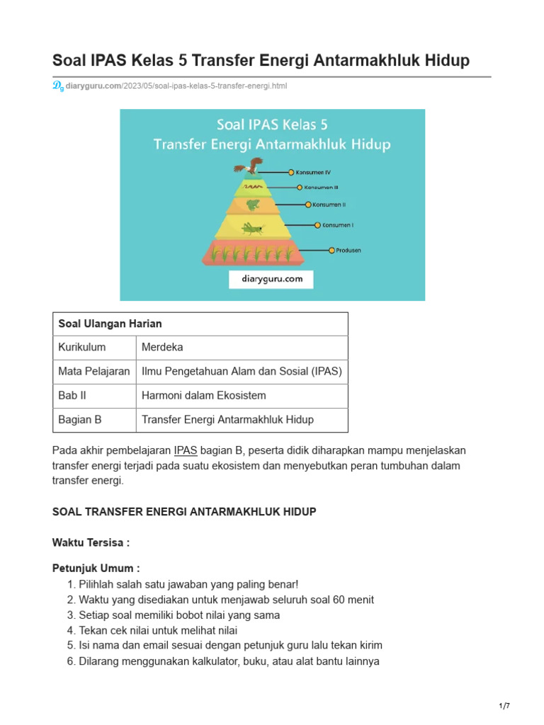 Soal IPAS Kelas 5 Transfer Energi Antarmakhluk Hidup | PDF