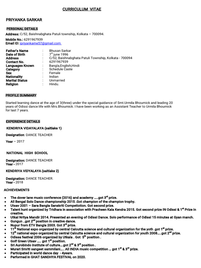 Priyanka Sarkar CV 2019 | PDF