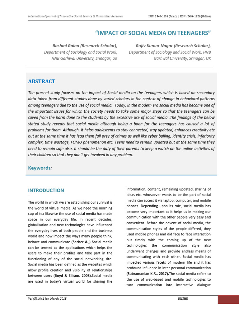 Impact of Social Media On Teenagers | PDF | Adolescence | Social Media