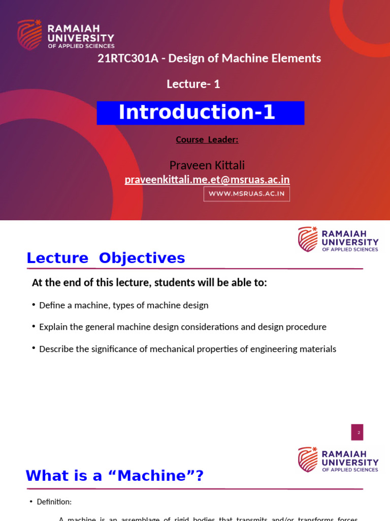 Lecture - 00 - 21RTC301A - Design of Machine Elements | PDF | Strength Of Materials | Screw