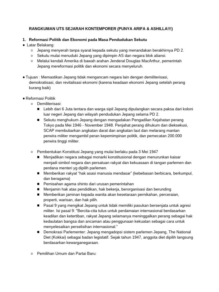 Rangkuman Materi Sejarah Kontemporer (UTS) | PDF