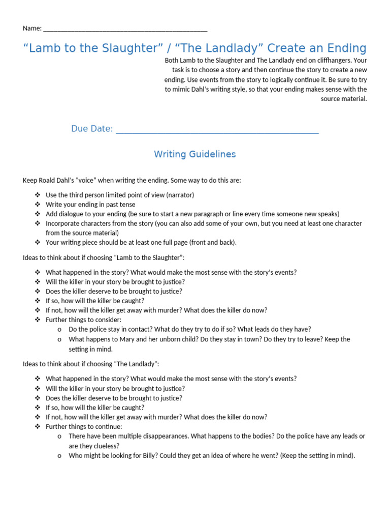 "Lamb To The Slaughter" / "The Landlady" Create An Ending: Due Date ...