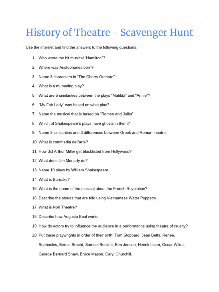 Theatre History Scavenger Hunt Guide | PDF | Theatre | Play (Theatre)