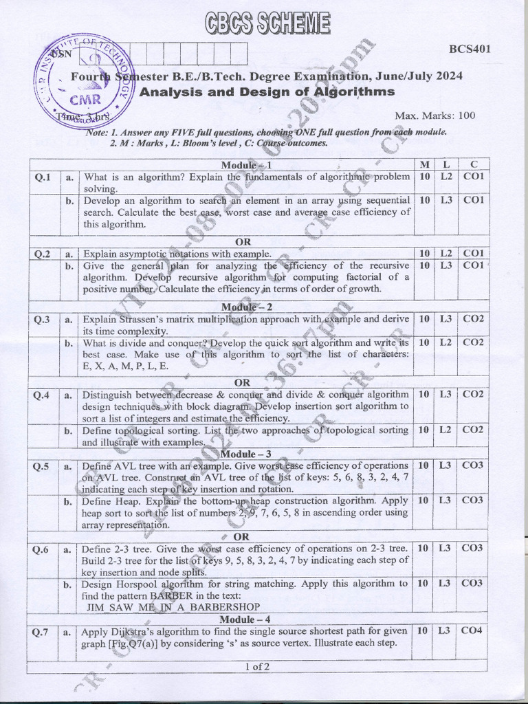 VTU Exam Question Paper With Solution of BCS401 Analysis and Design of Algorithms July-2024 ...