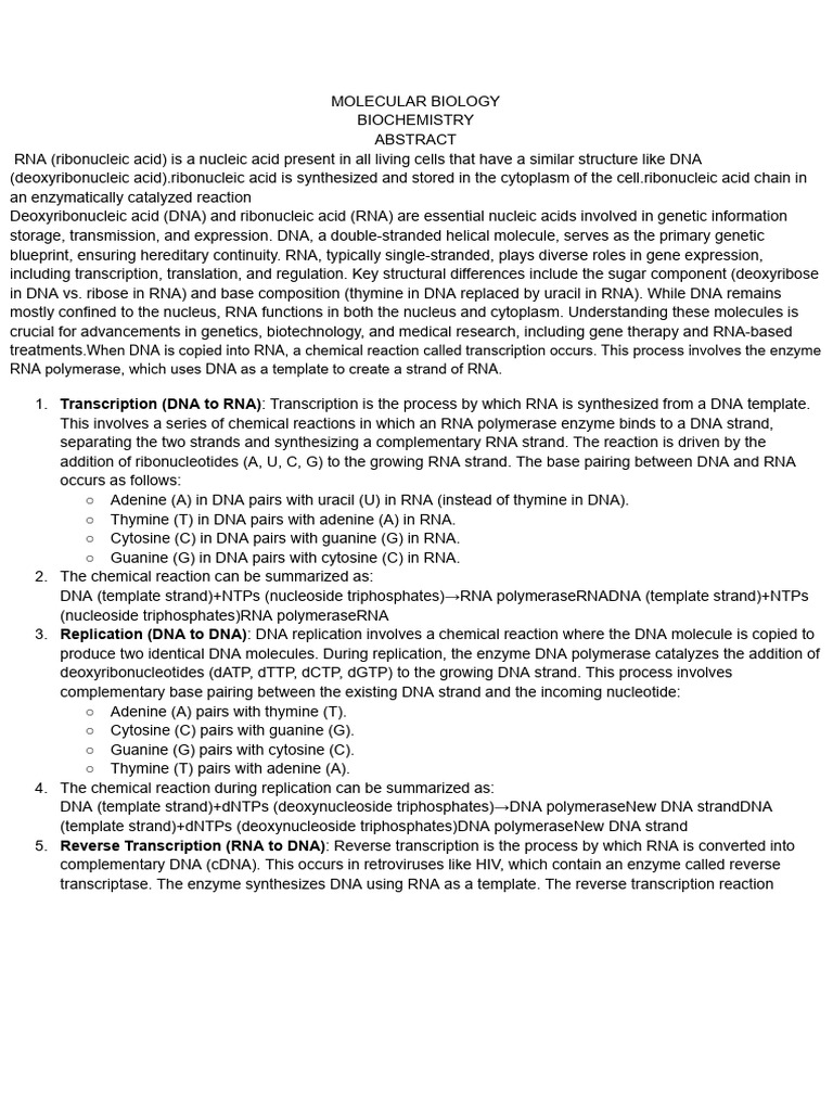 summary biochemistry | PDF | Dna | Rna
