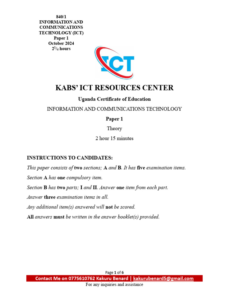 INFORMATION AND COMMUNICATIONS TECHNOLOGY (ICT) Paper 1 October 2024 ...