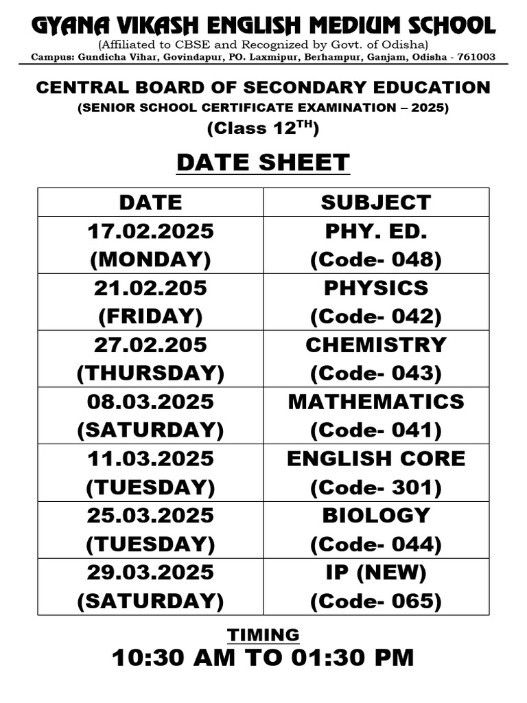 CBSE ANNUAL EXAM TIME TABLE (12th) | PDF
