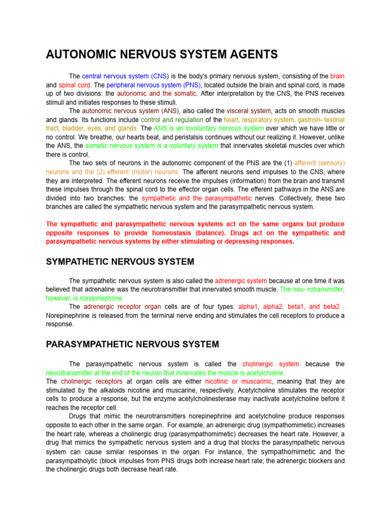 Autonomic Nervous System Agents | PDF | Autonomic Nervous System ...