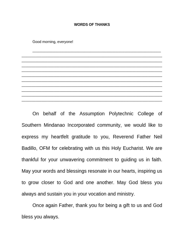 WORDS OF THANKS Baccalaureate Mass | PDF