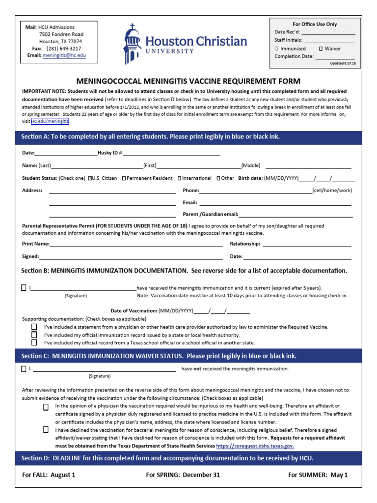 Meningitis Vaccine Requirement Form | PDF | Meningitis | Health Care
