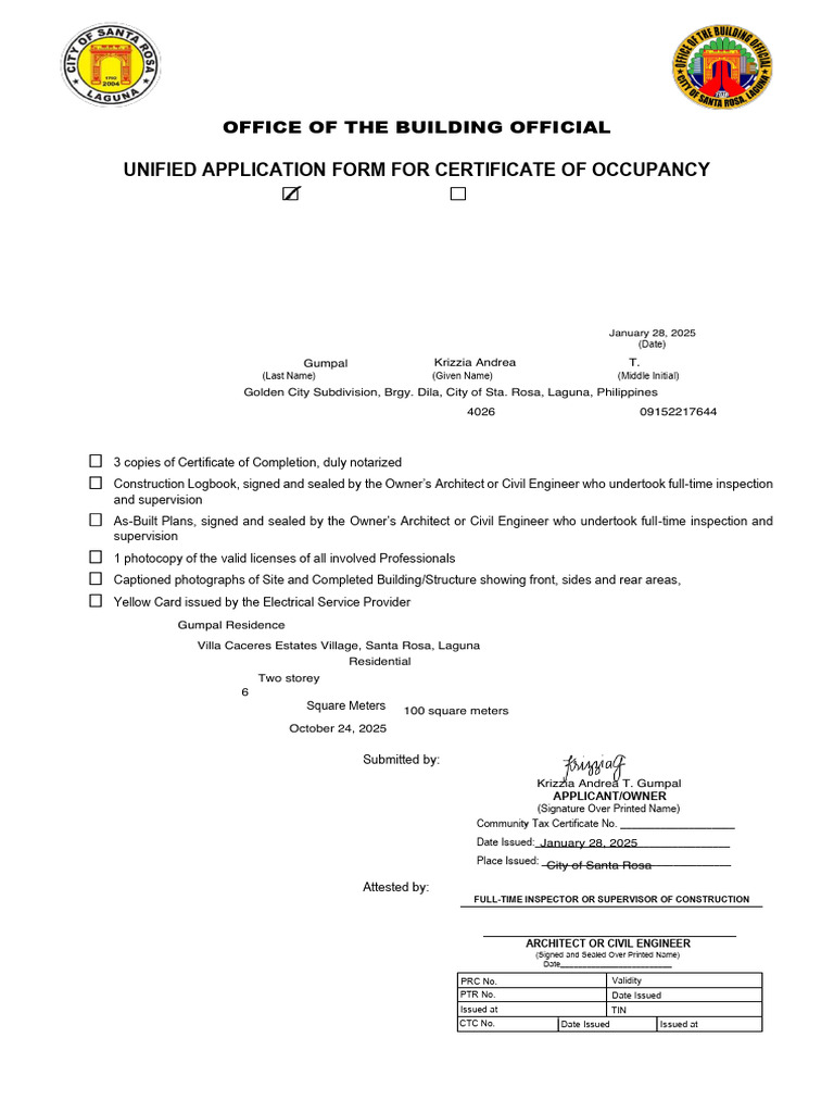 Unified Application Form For Certificate of Occupancy: Office of The ...