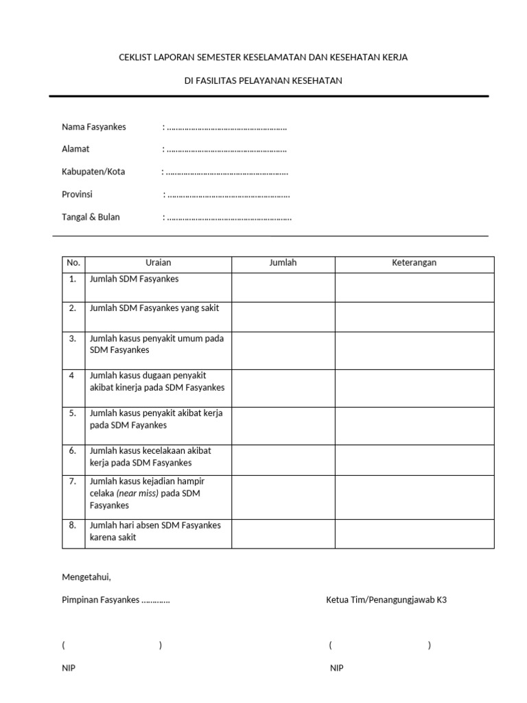 Ceklist Laporan Semester Keselamatan Dan Kesehatan Kerja | PDF