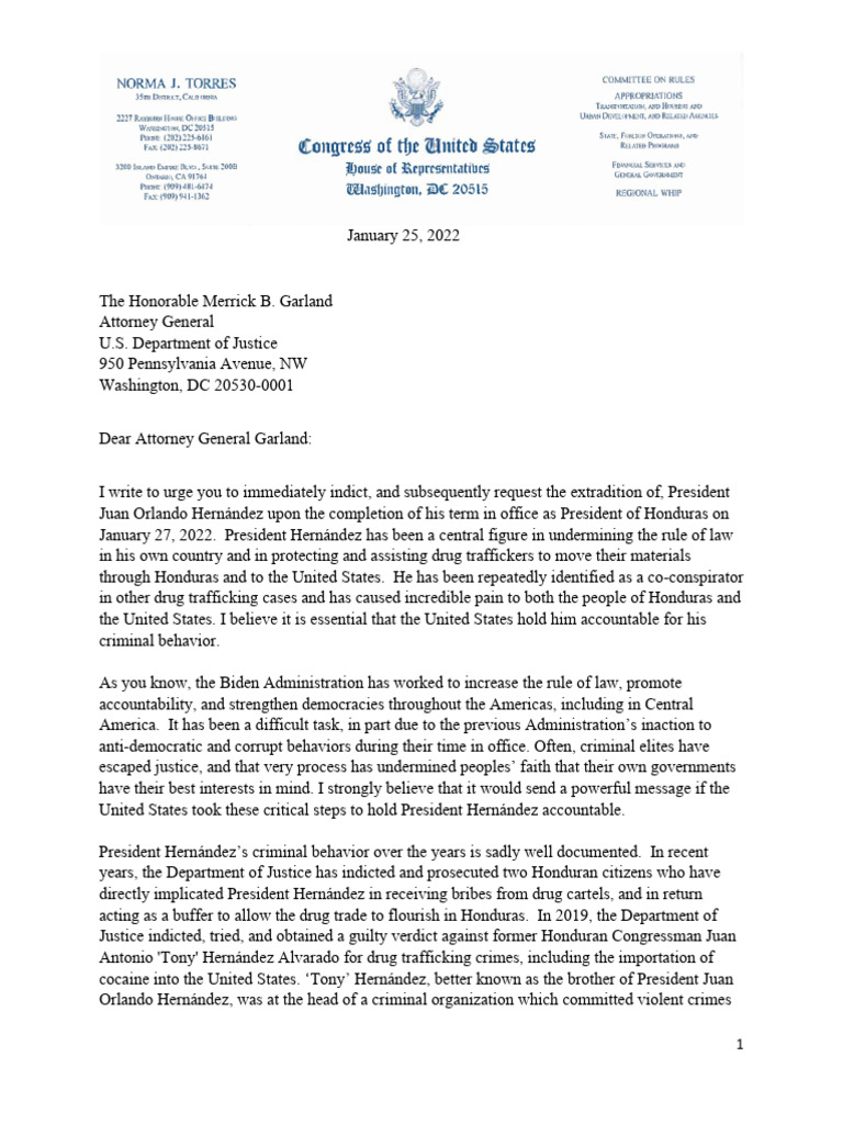 Orres Letter To DOJ Re. Honduran President Juan Orlando Hernandez | PDF ...
