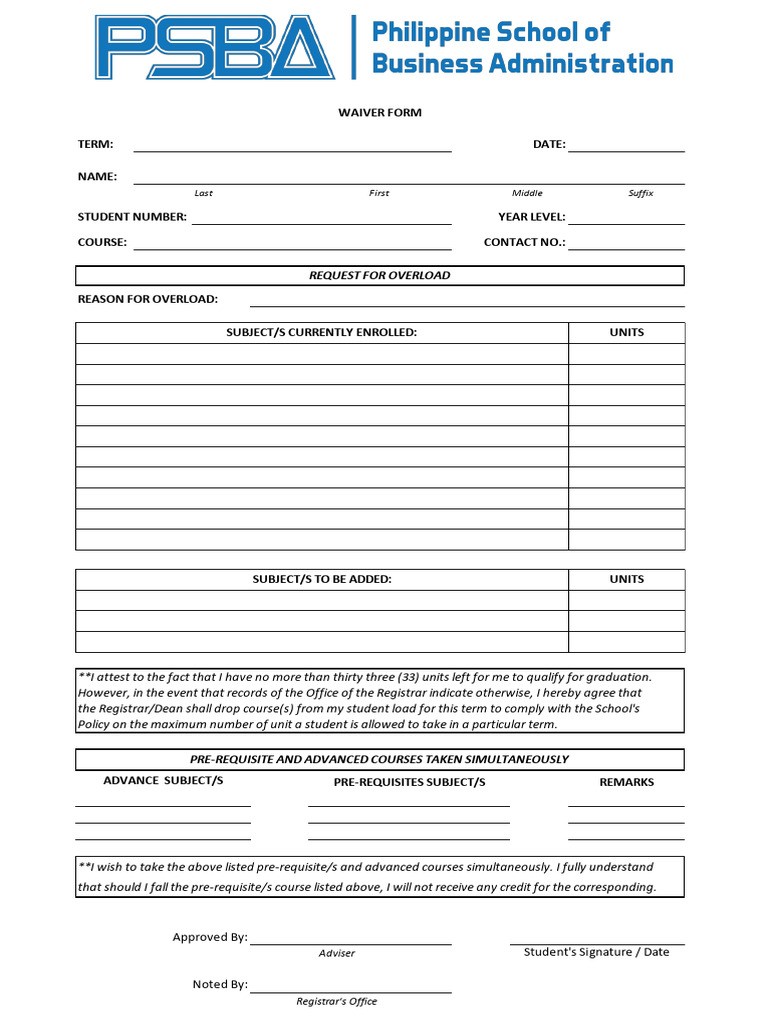 Waiver For Pre Req and Overload Form 5 | PDF