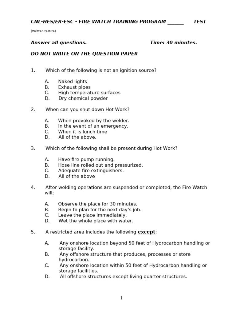 Fire Watch Training Test Questions | PDF | Fires | Carbon Dioxide