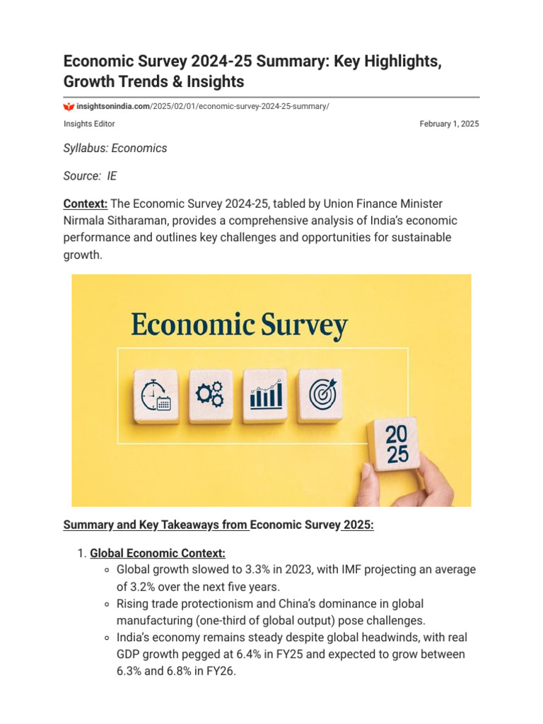 Economic Survey 2024-25 Highlights | PDF | Gross Domestic Product ...
