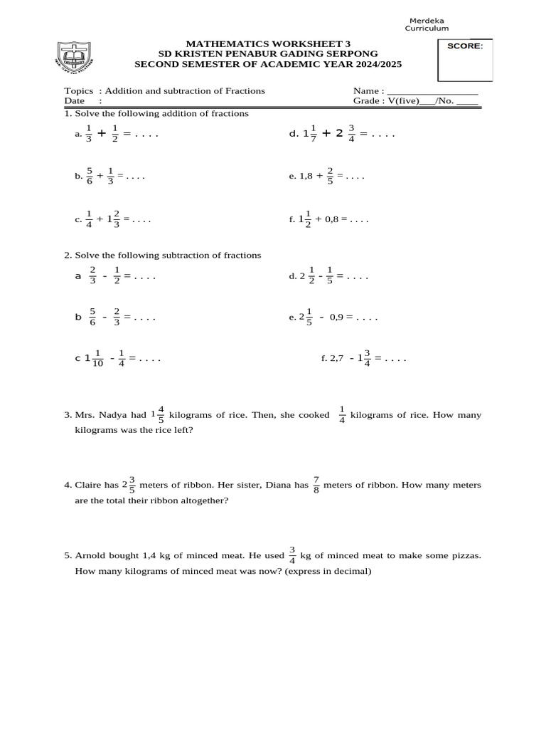 P5 Penabur Math Worksheet 3_Addition and subtraction of Fractions | PDF | Elementary Mathematics ...