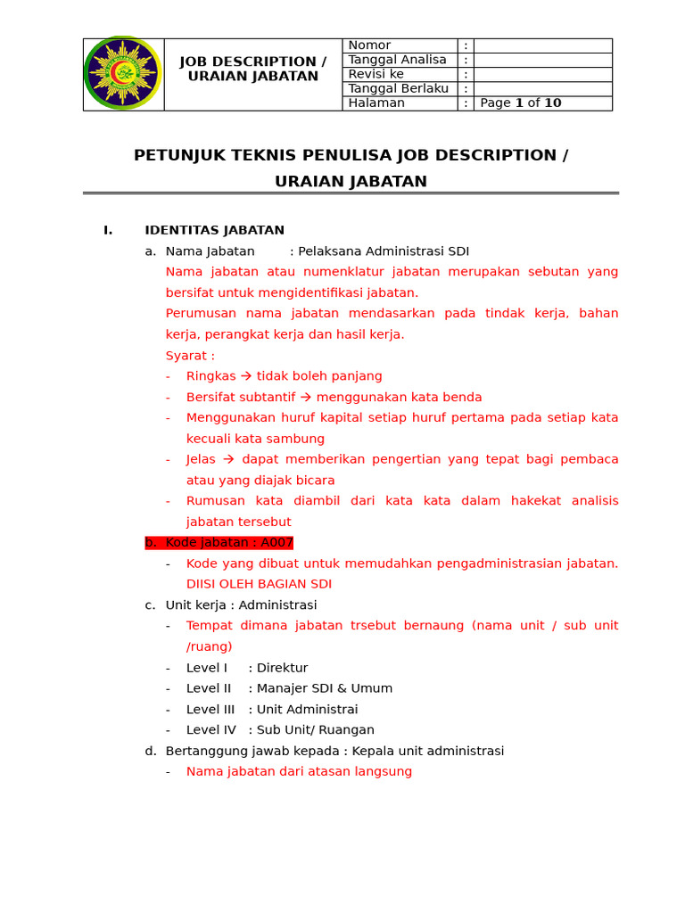 Petunjuk Pengisian Uraian Jabatan 2024 | PDF