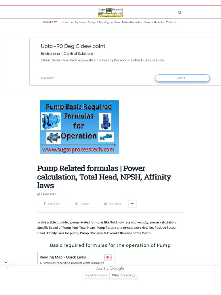 Pump Related Formulas - Power Calculation, Total Head, NPSH, Affinity ...
