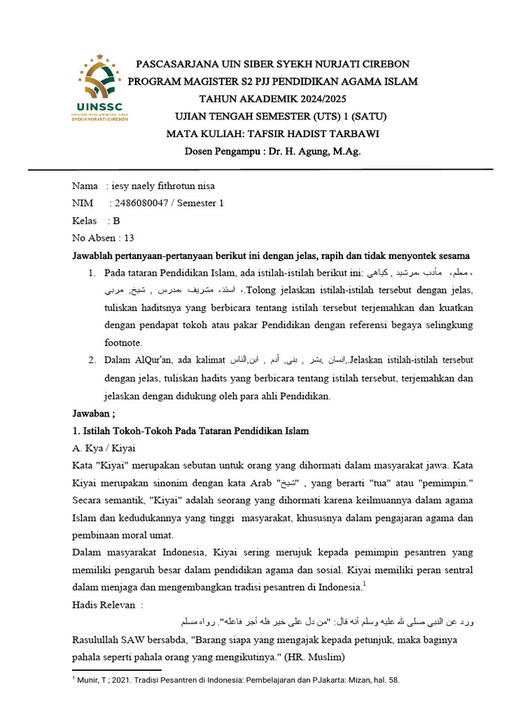 Uts Iesy Mk Tafsir Hadits Tarbawi | PDF