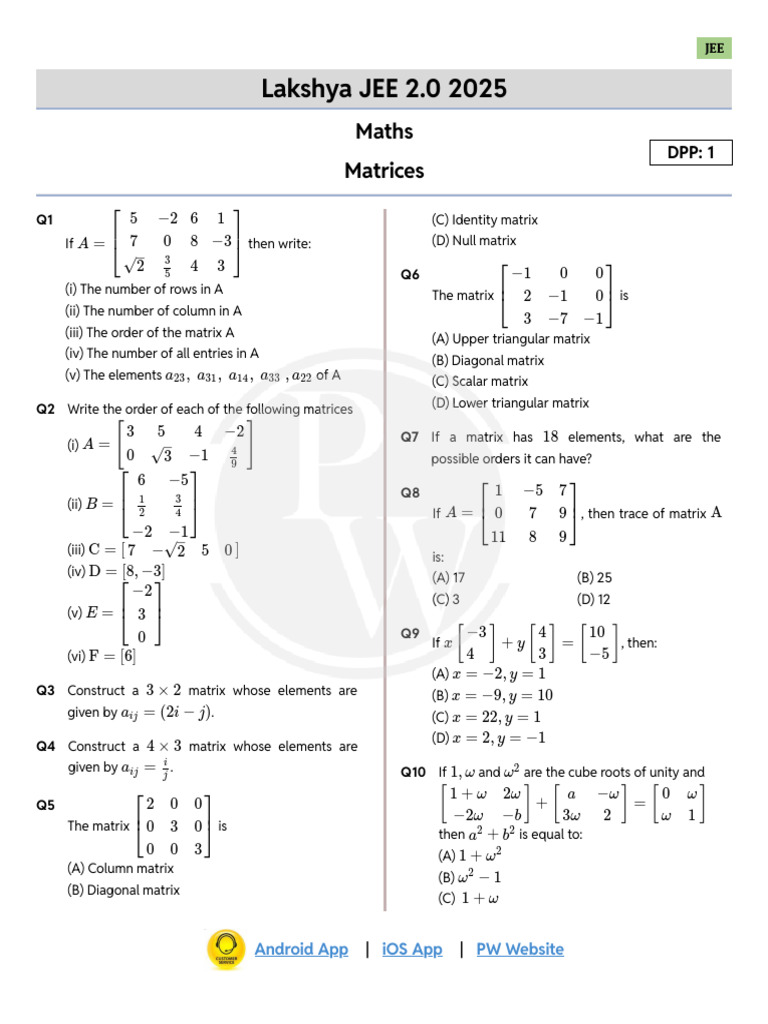 Matrices - DPP 01 - Lakshya JEE 2.0 2025 | PDF | Matrix (Mathematics) | Algebra