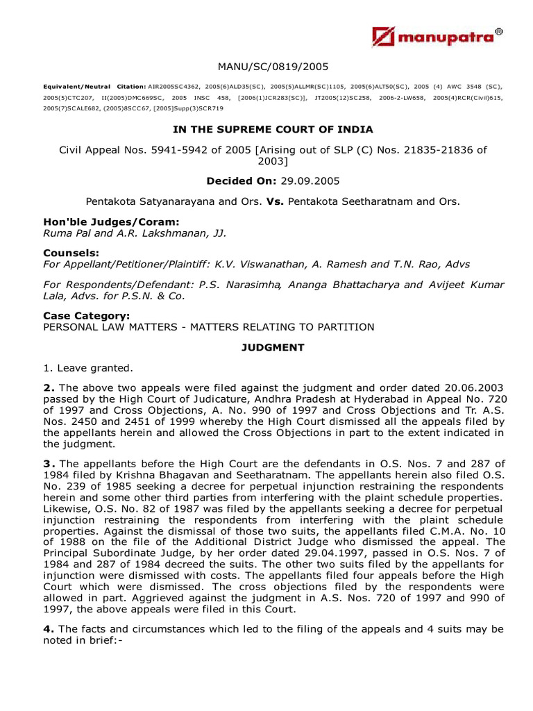 Pentakota Family Partition Dispute | PDF | Will And Testament | Burden ...