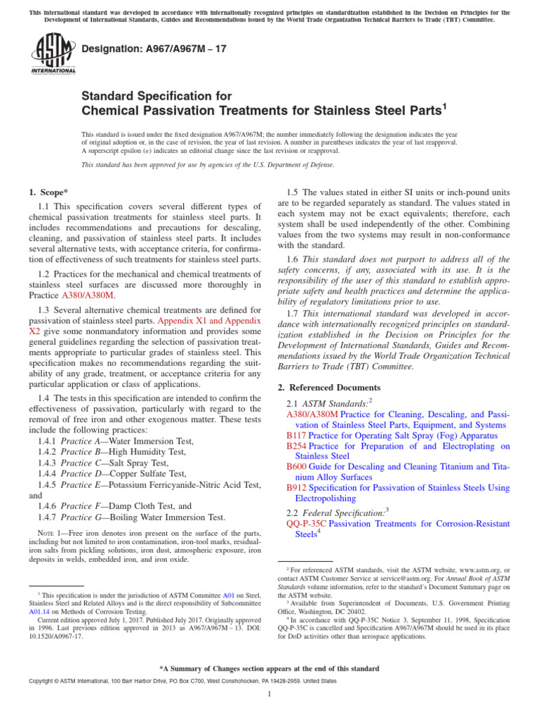 ASTM A967 A967M 17 (Passivation) | PDF | Stainless Steel | Corrosion