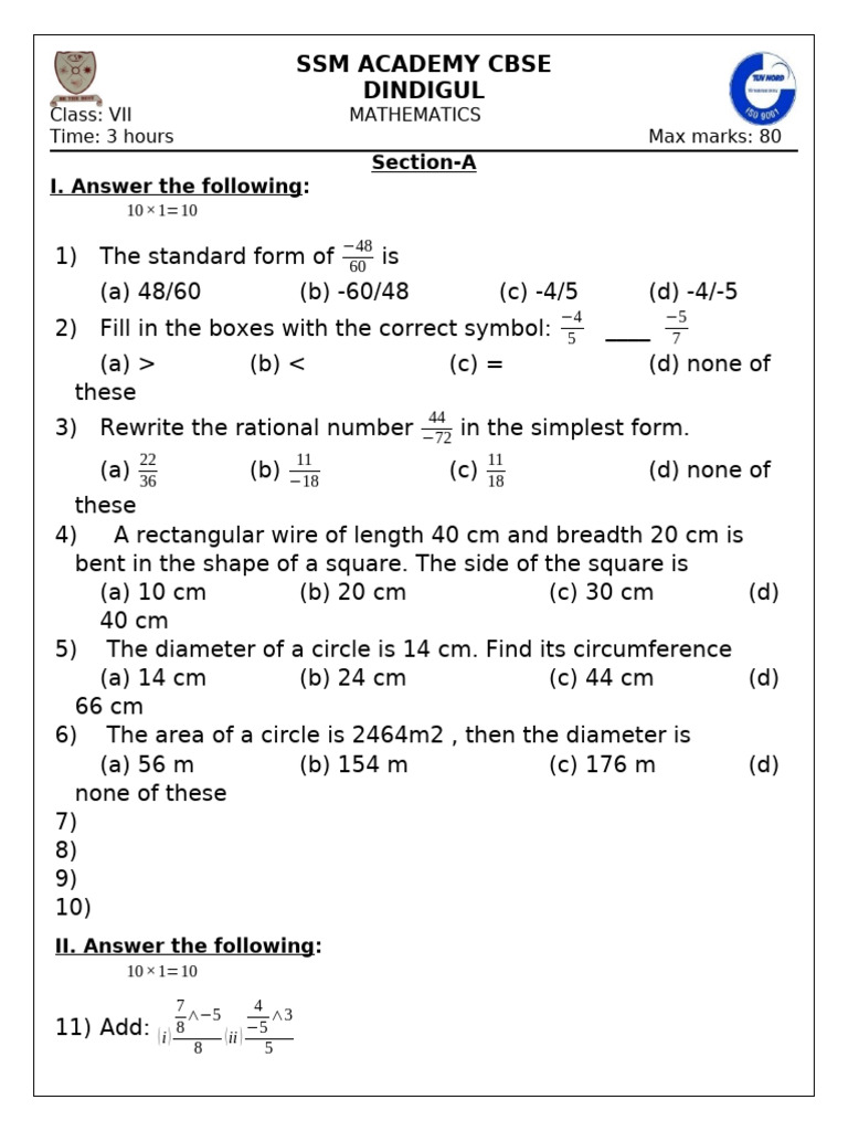 SSM Academy Cbse Dindigul: Section-A I. Answer The Following | PDF