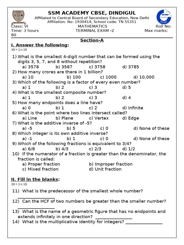 6th Terminal Exam - 2 - Maths - 24-25 - Set-2 | PDF | Numbers | Prime Number