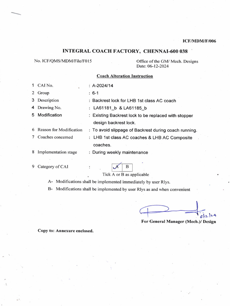 Cai B-2024-14 Backrest Lock For LHB 1ST Ac | PDF | Railway Companies ...