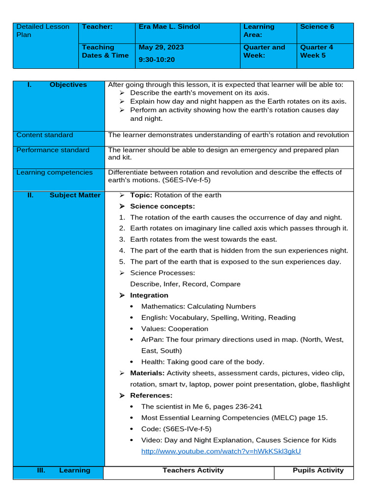 Day and Night: Science Lesson Plan | PDF | Night | Rotation