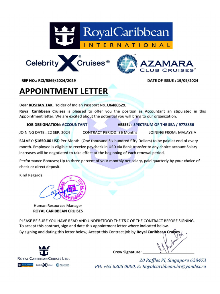 OFFER LETTER Signed Roshan Tak | PDF | Salary | Employee Relations
