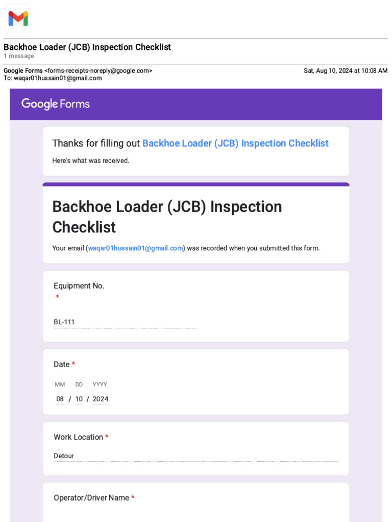 Backhoe Loader (JCB) Inspection Checklist | PDF | Heavy Equipment ...
