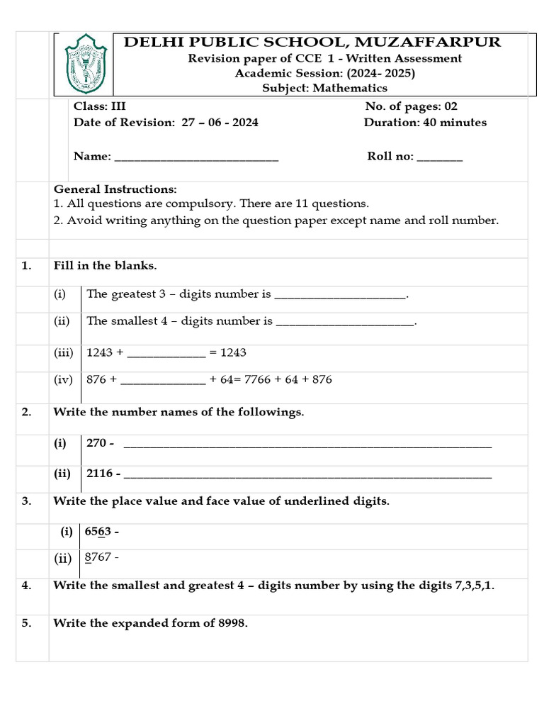 Class - III - B Revision paper CCE 1 (A) - Copy | PDF