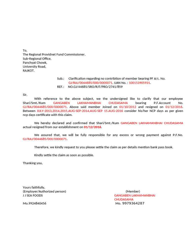No Contribution Letter | PDF