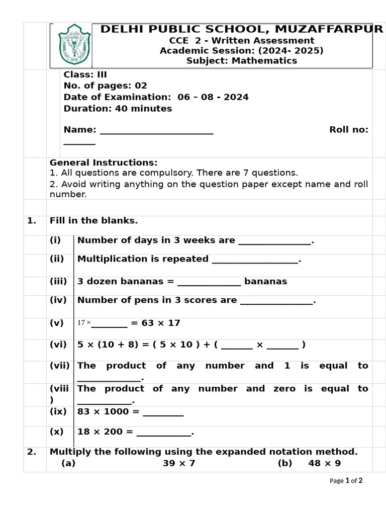 Class 3 Maths CCE Assessment Paper | PDF