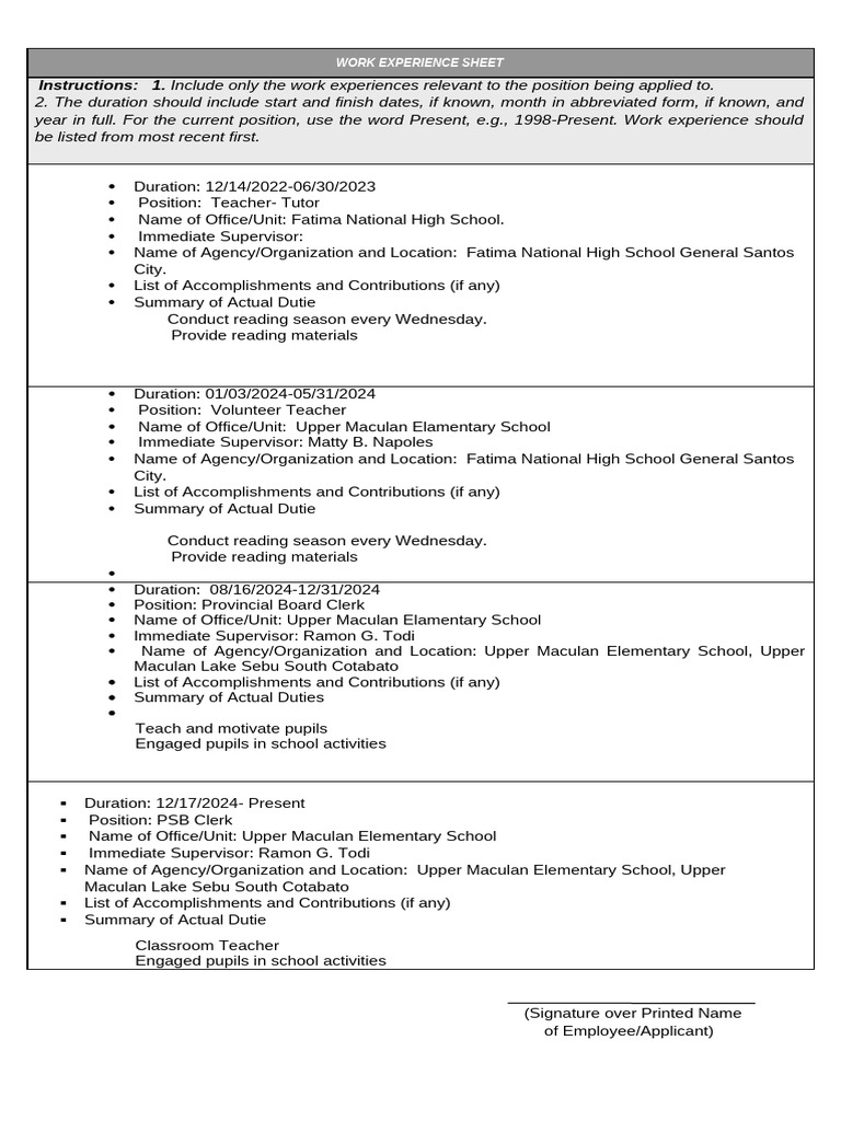 CS Form No. 212 Attachment - Work Experience Sheet | PDF | Teachers ...