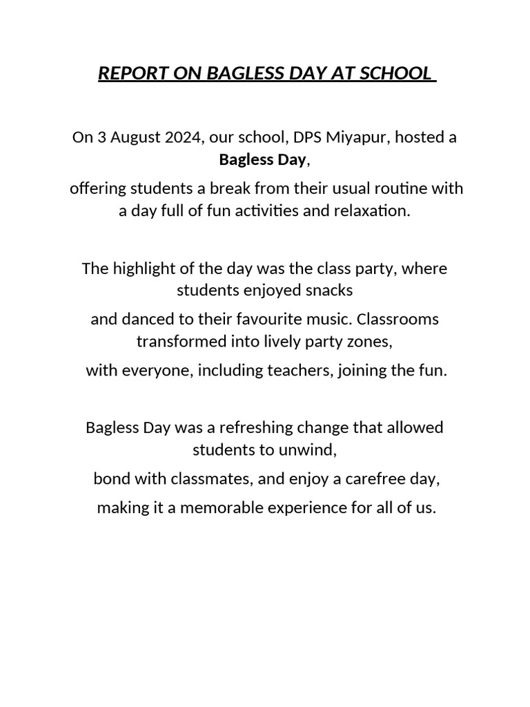 Report On Bagless Day at School | PDF