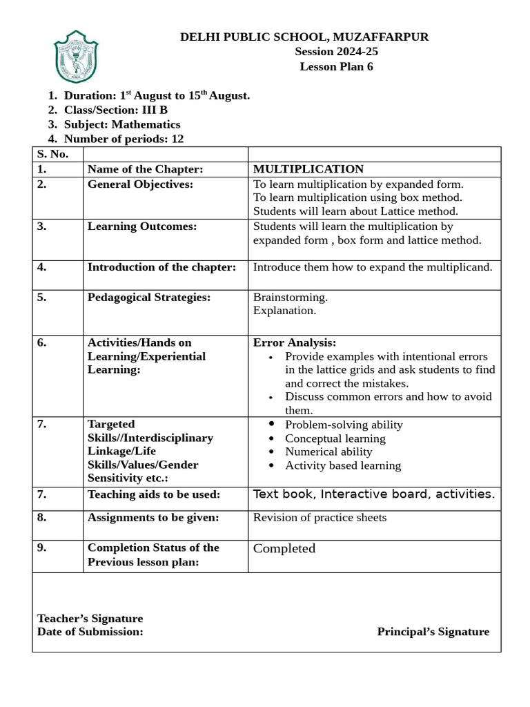 Grade 3 Math Lesson Plan: Multiplication | PDF