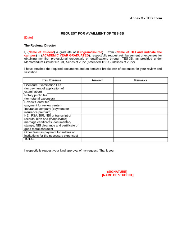 Annex 3 Letter of Availment For TES 3B and Documentcschecklist 1 | PDF