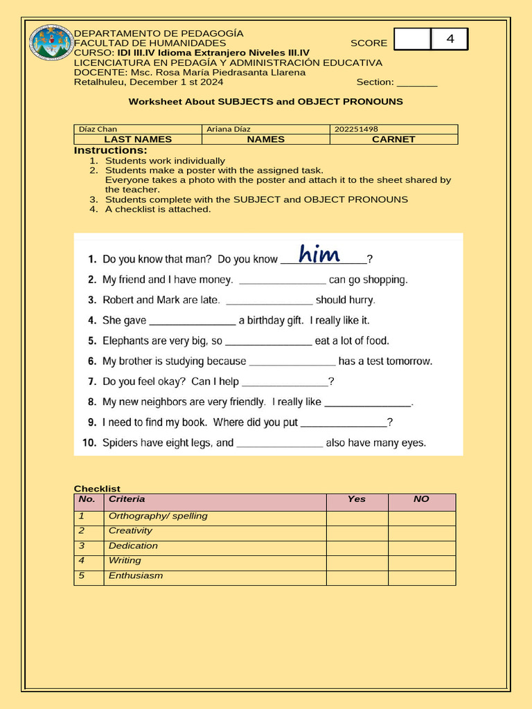 Worksheet on Pronouns for Idioma III.IV | PDF