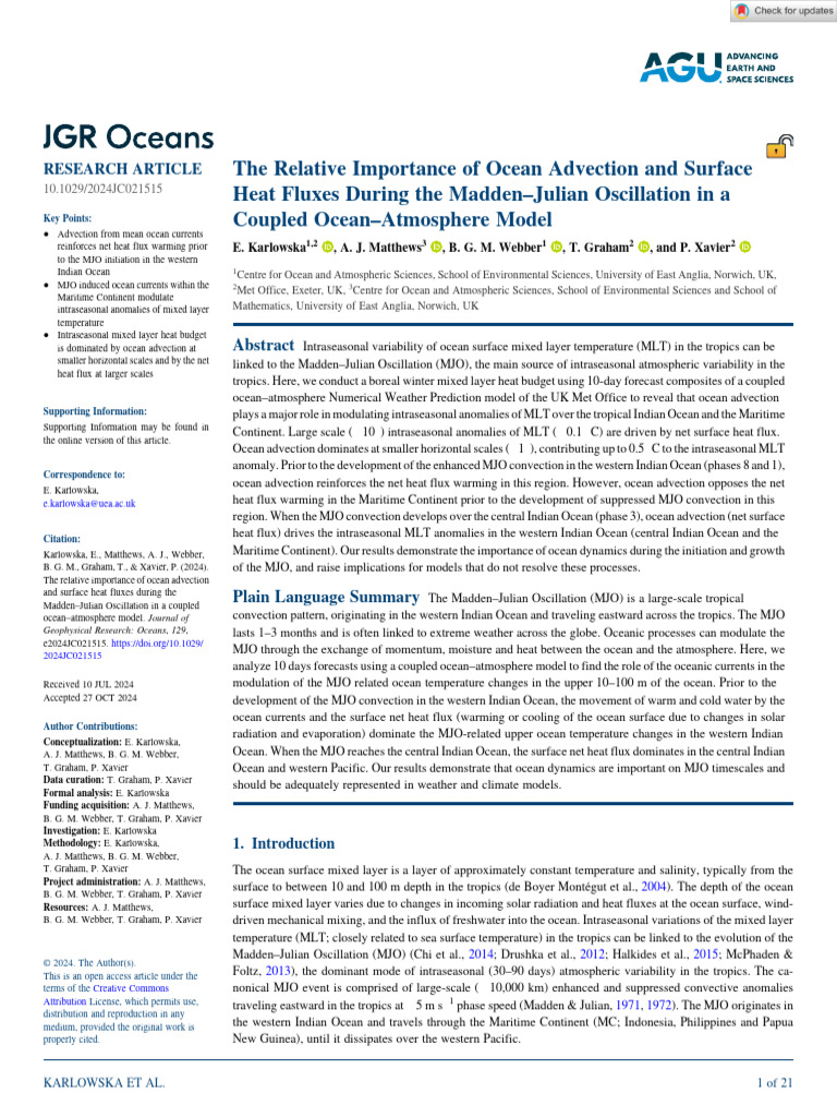 Jgr Oceans 2024 Karlowska The Relative Importance Of Ocean Advection And Surface Heat