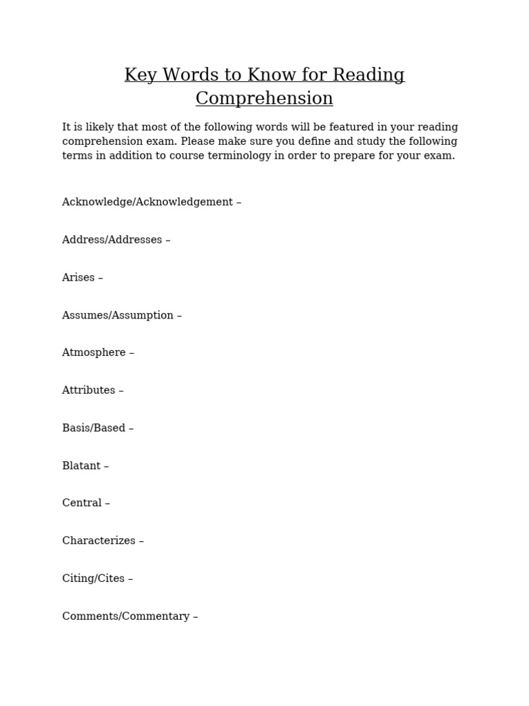 DP Key Words To Know For Reading Comprehension | PDF