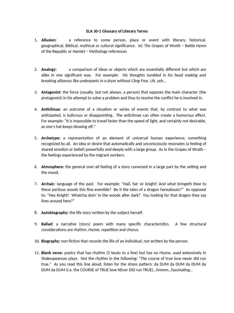 ELA 30-1 Literary Terms Glossary | PDF | Poetry | Narrative