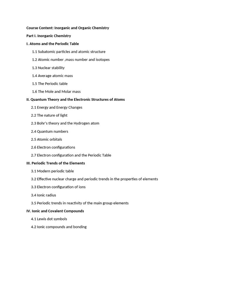 Inorganic and Organic Chemistry Course | PDF | Chemistry | Molecules