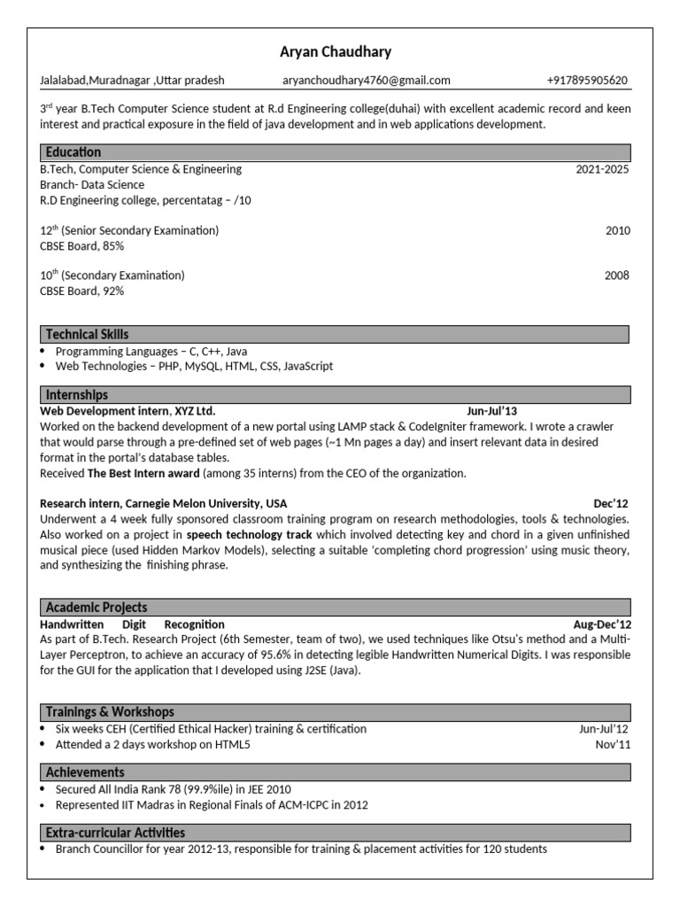 Internshala Resume Template1 | PDF | Computing | Software Engineering