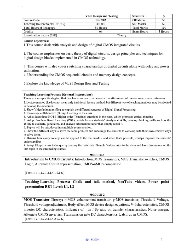 BEC602 VLSI Syllabus | PDF