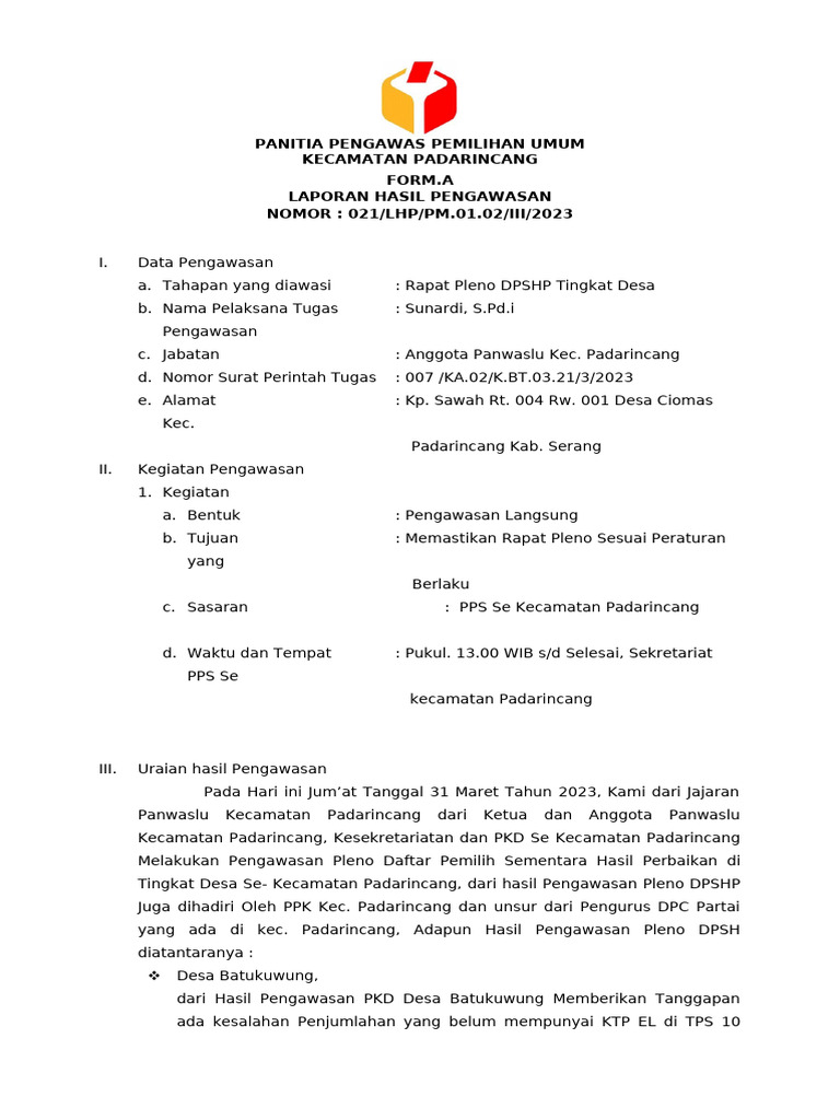 Contoh FORM A Laporan Hasil Pengawasan | PDF