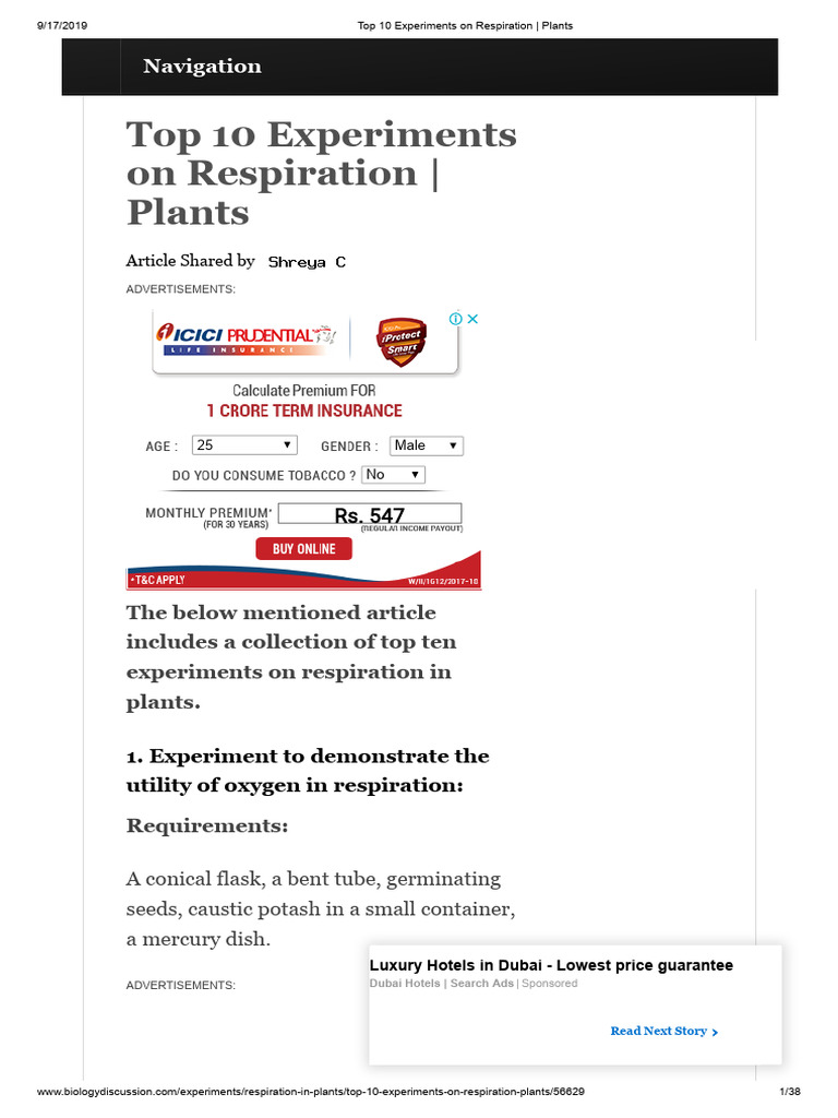 Top 10 Experiments On Respiration - Plants | PDF | Carbon Dioxide ...