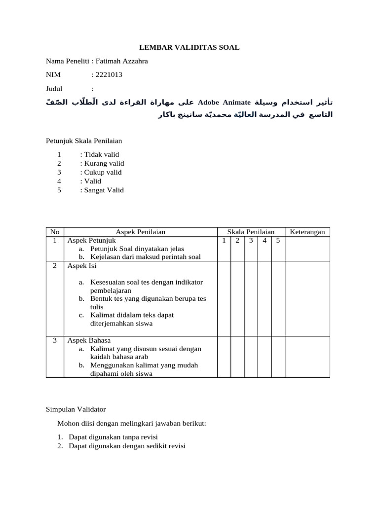 LEMBAR VALIDITAS SOAL Dan MEDIA ZAHRA | PDF